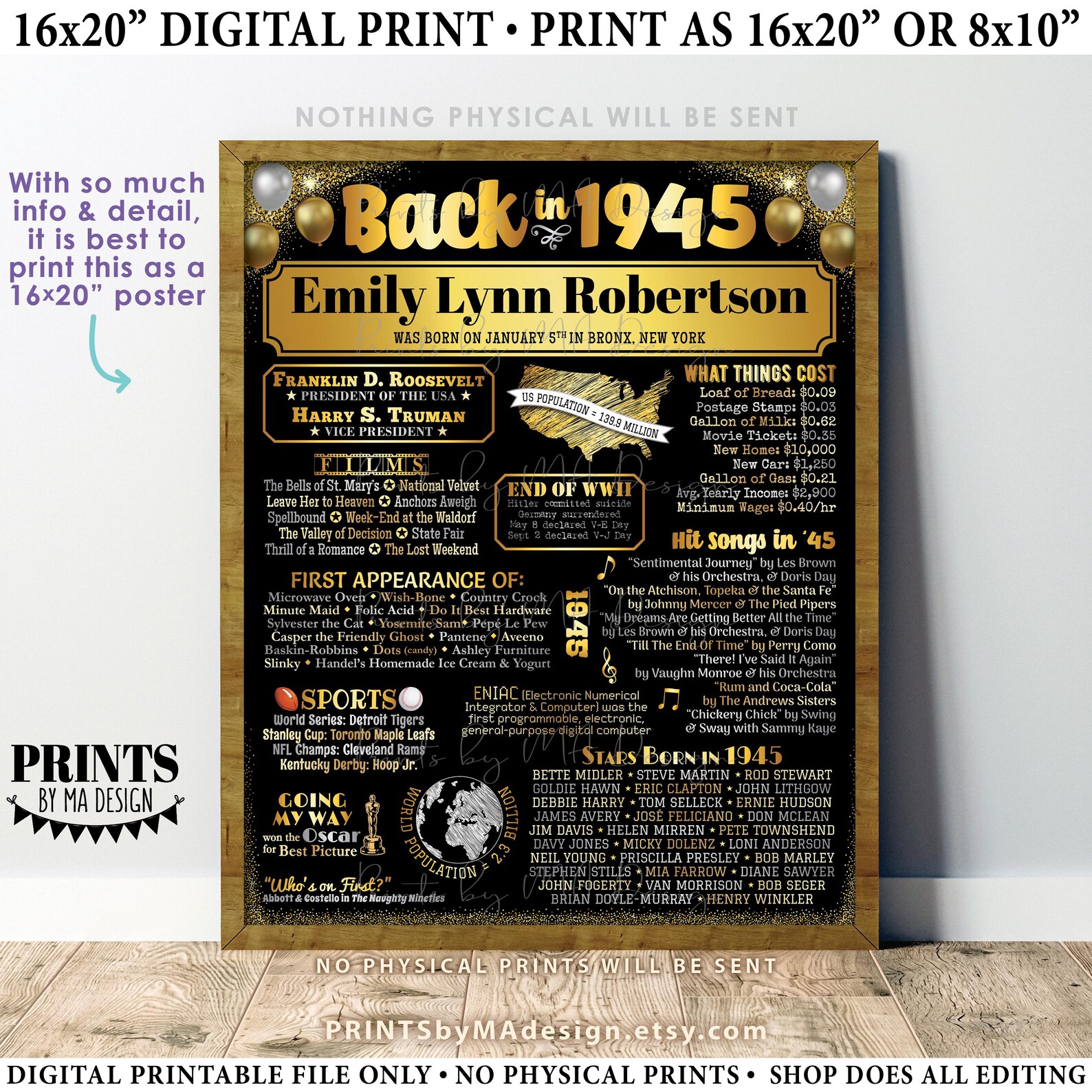 Back in the Year 1945 Birthday Sign, Flashback to 1945 Poster Board ...