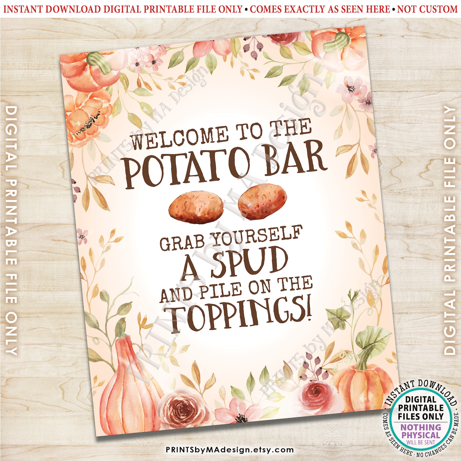 Potato Bar Sign, Autumn Watercolor Style PRINTABLE 8x10/16x20” Potato ...