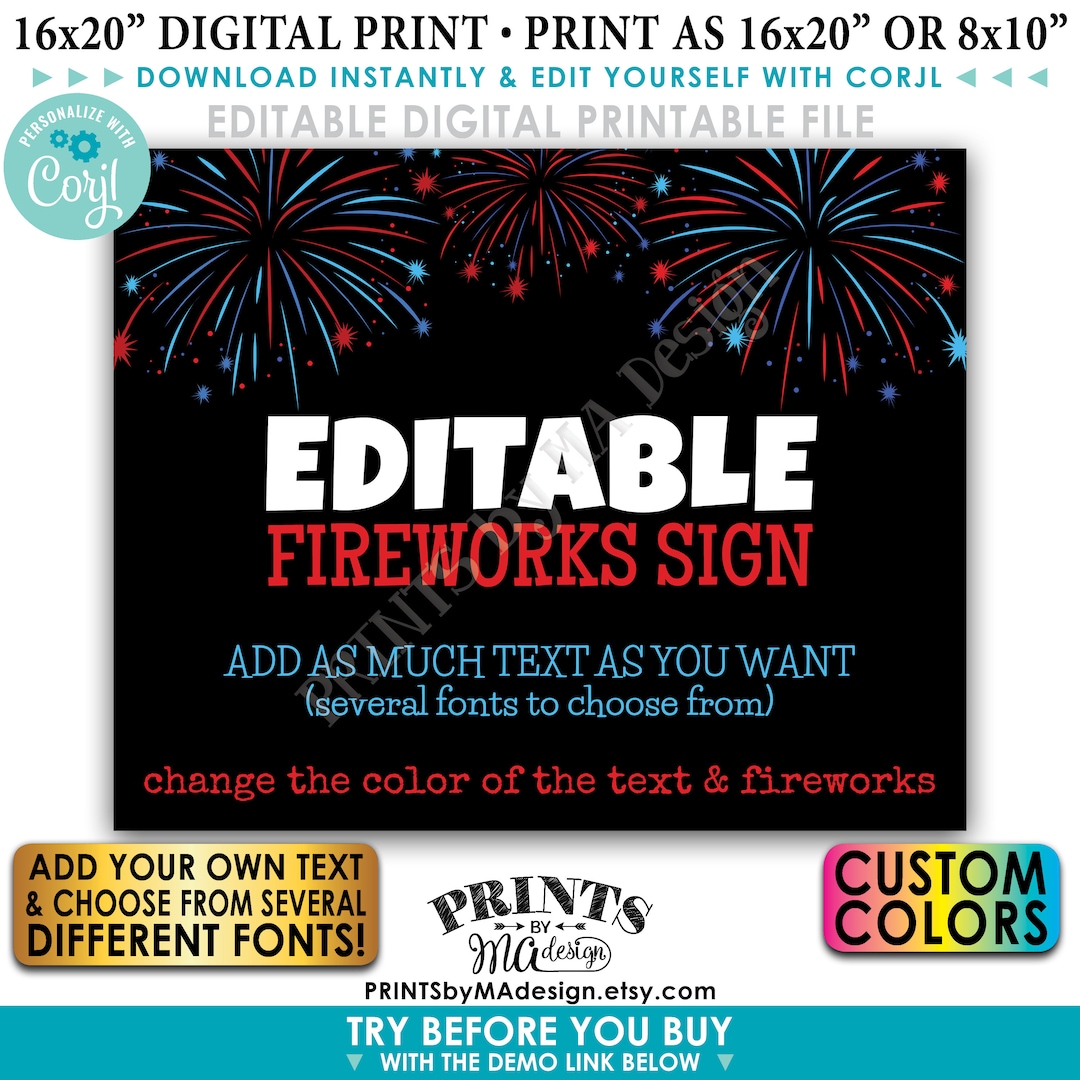 Editable Fireworks Sign, 4th of July Memorial or Labor Day, 1 PRINTABLE ...