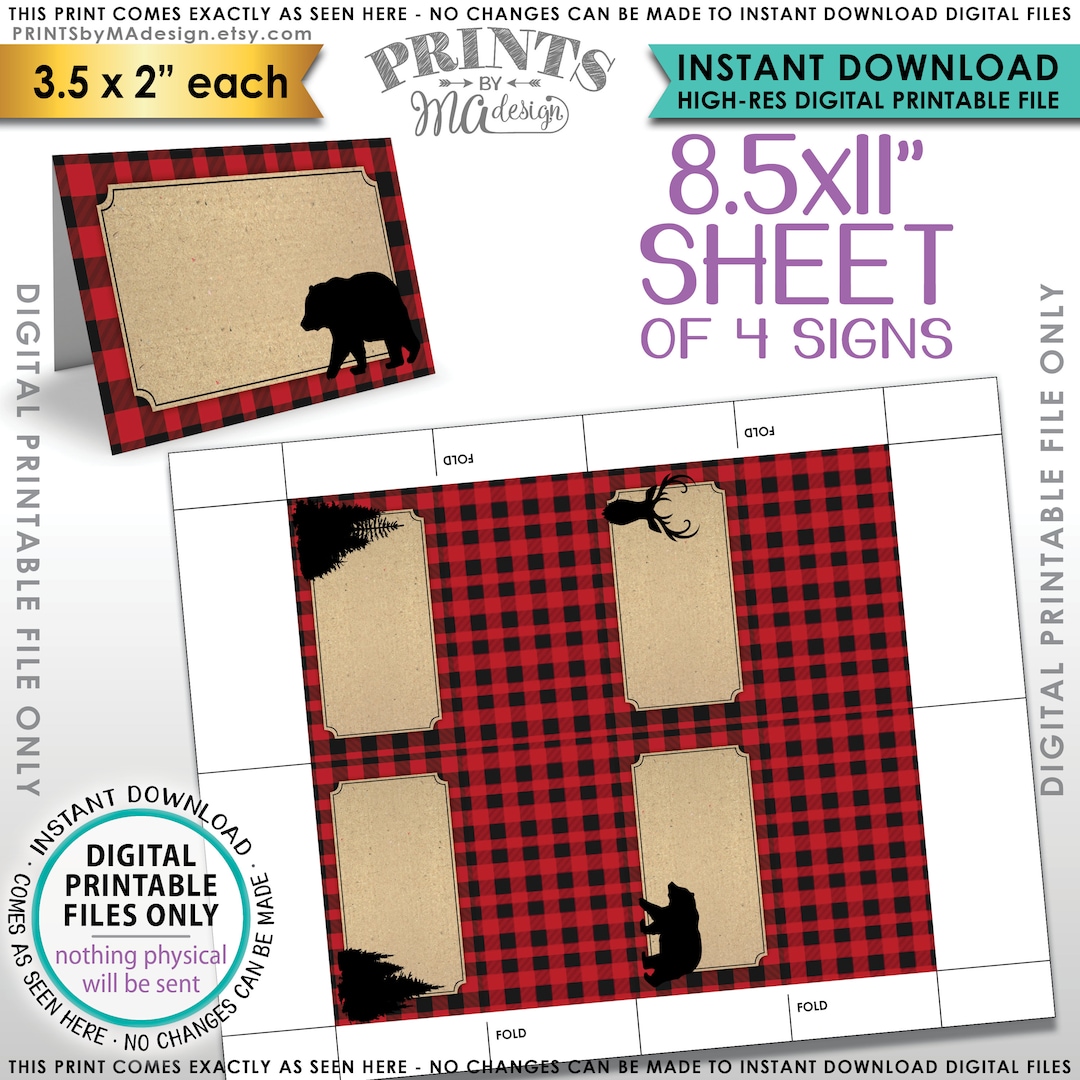 Lumberjack Theme Labels, Red Checker Buffalo Plaid Table Tent Menu ...