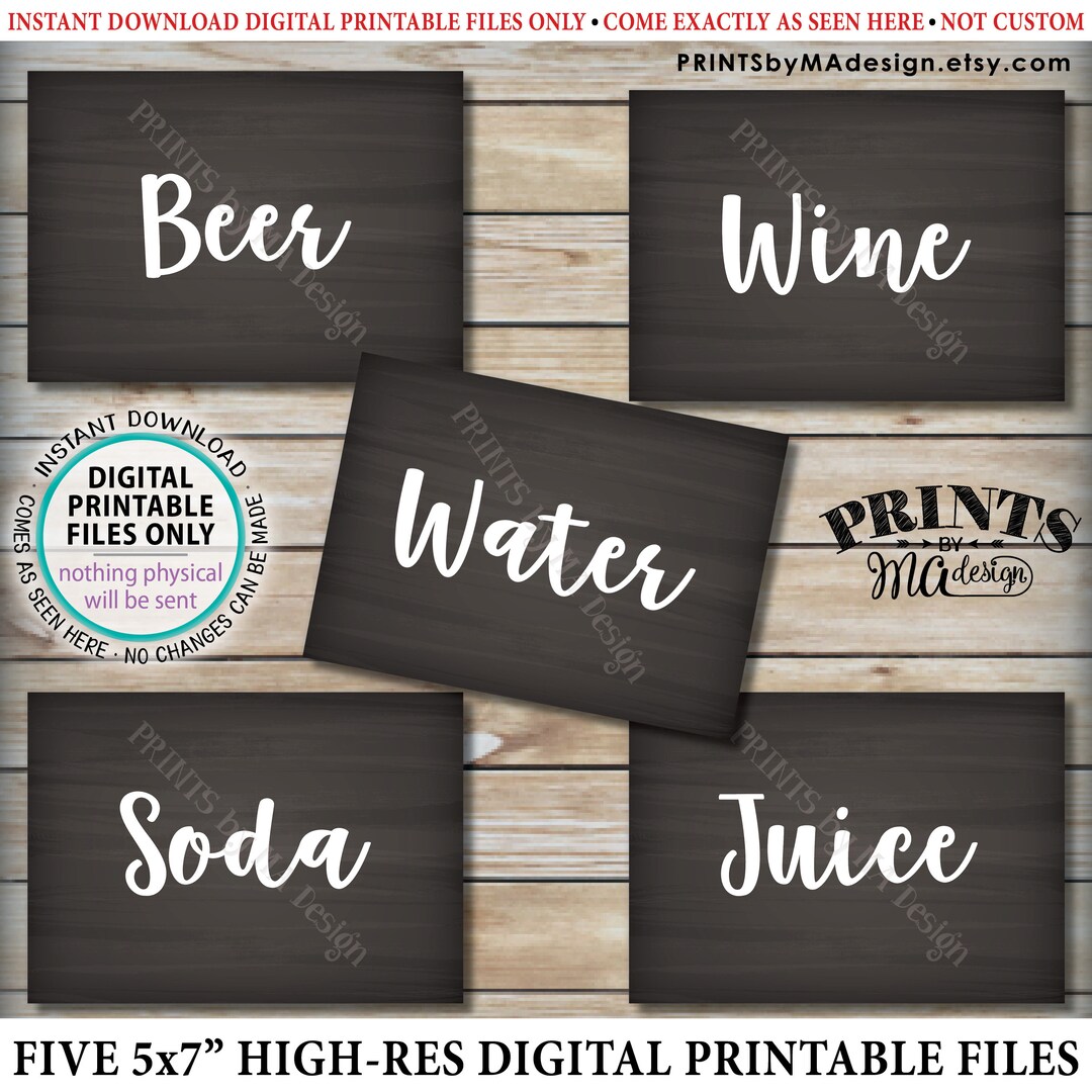 Beverage Station Signs, Drink Signs, Soda Juice Water Beer Wine, Five ...