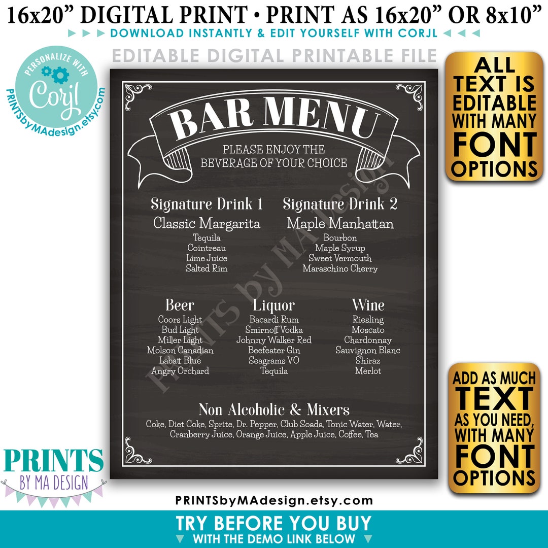 Bar Menu Sign, Custom PRINTABLE 8x10/16x20” Chalkboard Style Drinks ...