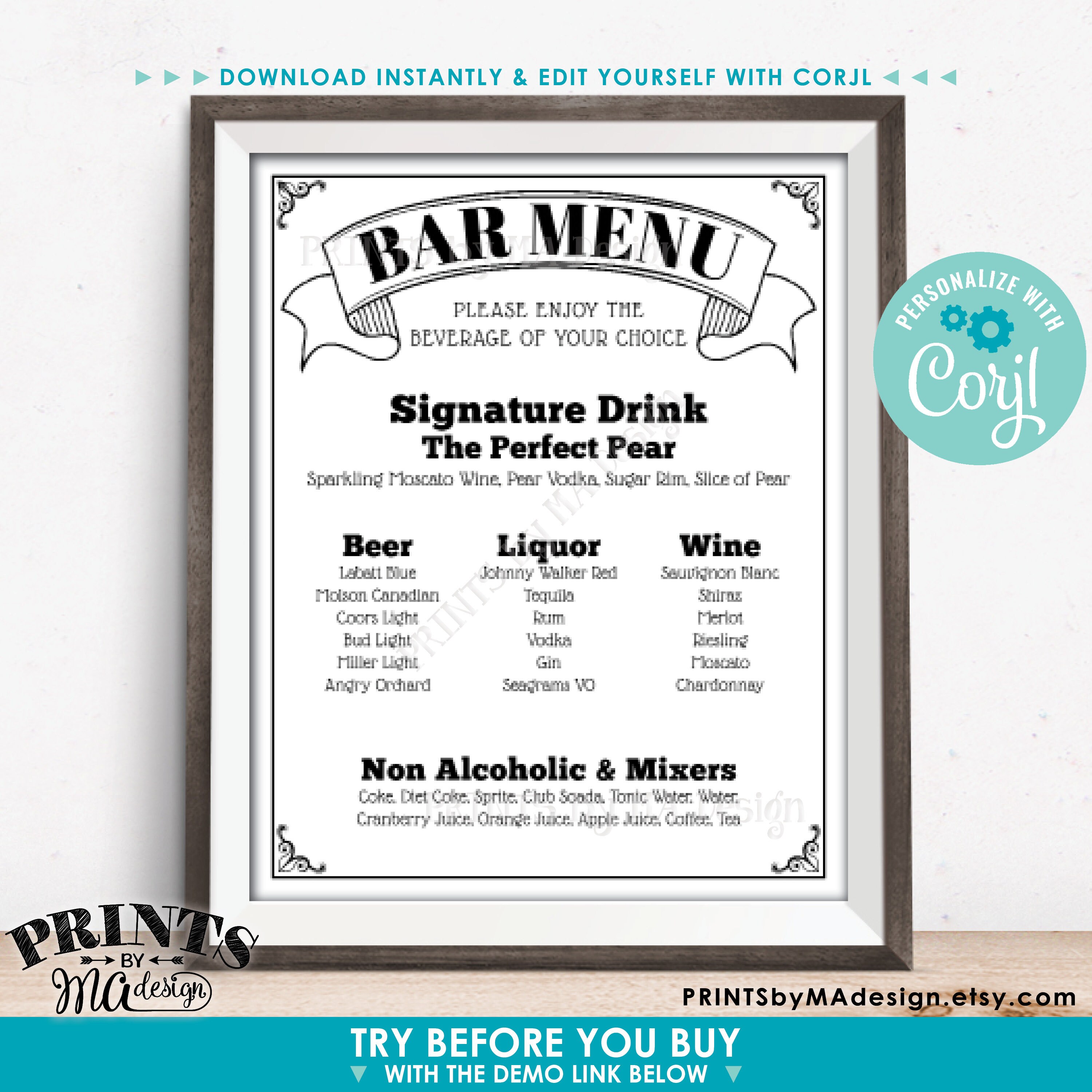 Bar Menu Sign, Custom PRINTABLE 8x10/16x20” Black & White Drinks Sign ...
