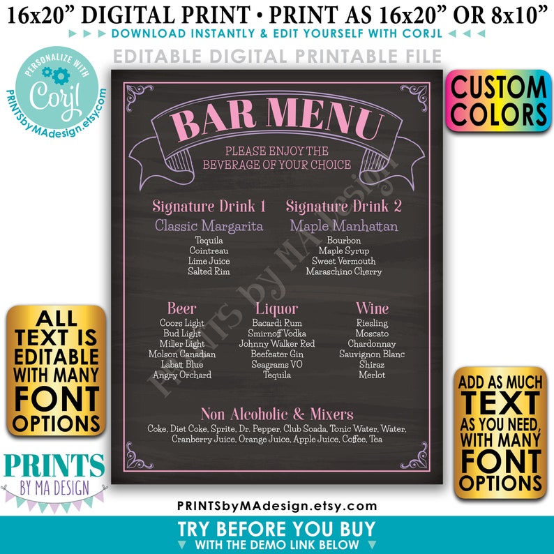 Bar Menu Sign Editable 8x10/16x20 PRINTABLE Chalkboard Style | Etsy