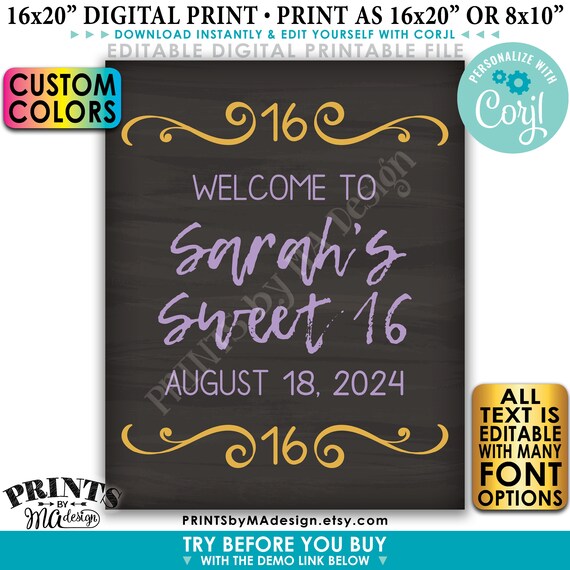 Editable Sweet Sixteen Welcome Sign Celebrate Sweet Sixteen - Etsy