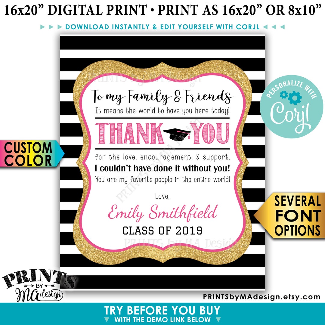 Grad Thank You Sign, Graduation Party Decoration, Black & Gold Glitter ...