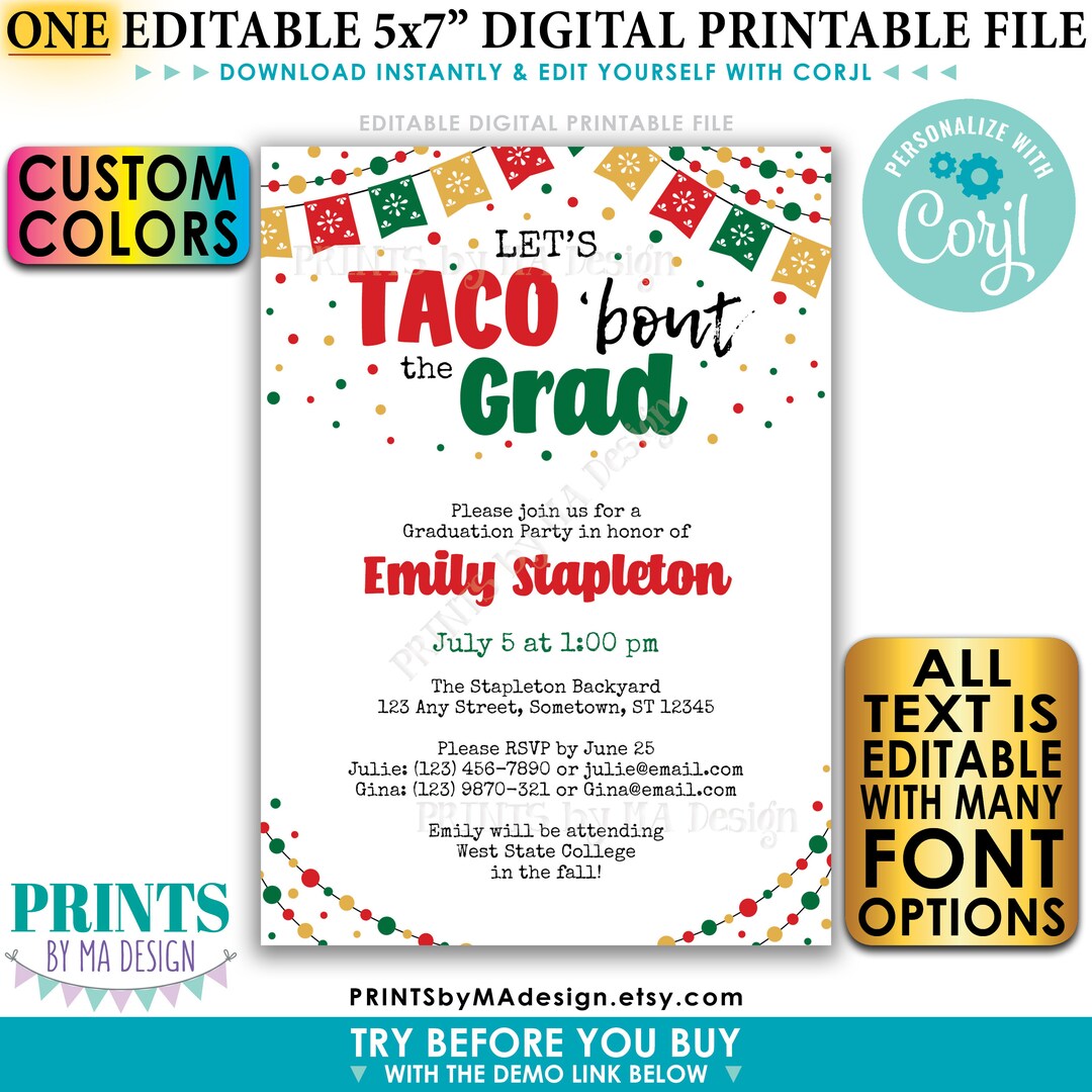 Editable Taco Graduation Party Invitation, Let's Taco 'bout the Grad ...