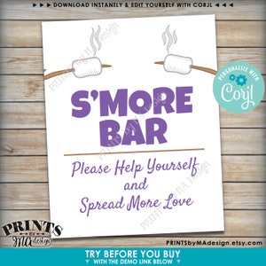 Custom S'more Sign, Smore Station, All Text is Editable, Custom Colors ...