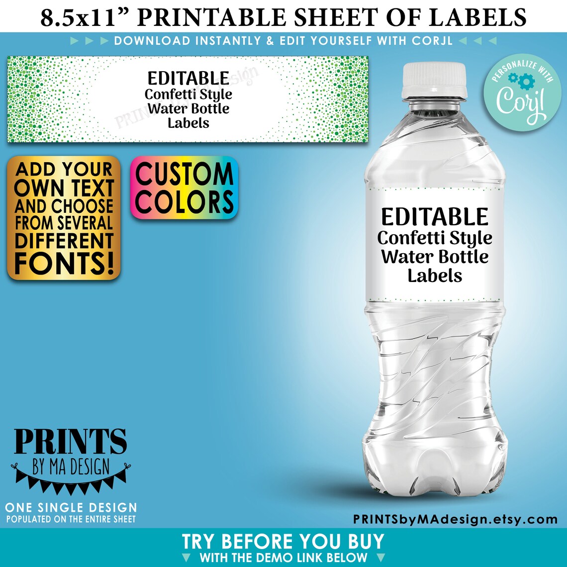Editable Water Bottle Labels With Confetti Custom Text & - Etsy