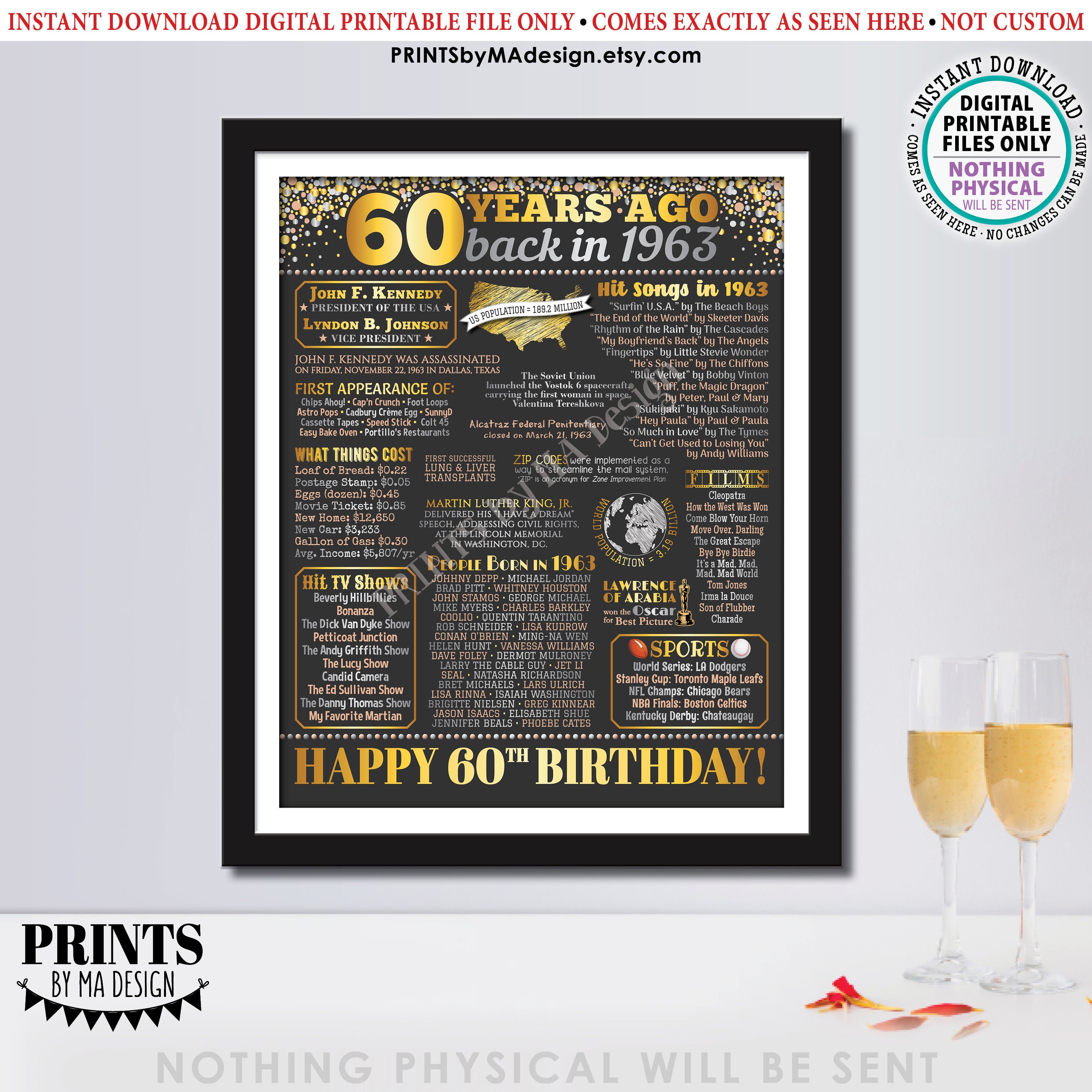 60th Birthday Poster Board, Back in the Year 1963 Flashback 60 Years ...