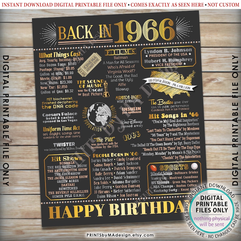 Back in the Year 1966 Birthday Sign Flashback to 1966 Poster | Etsy