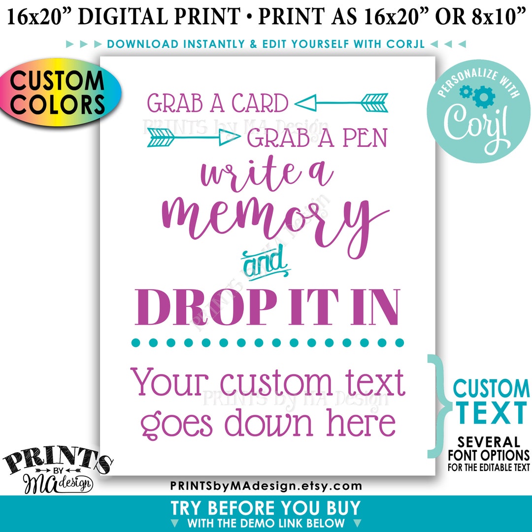 Custom Memory Sign, Grab a Card Grab a Pen Write a Memory and Drop It ...
