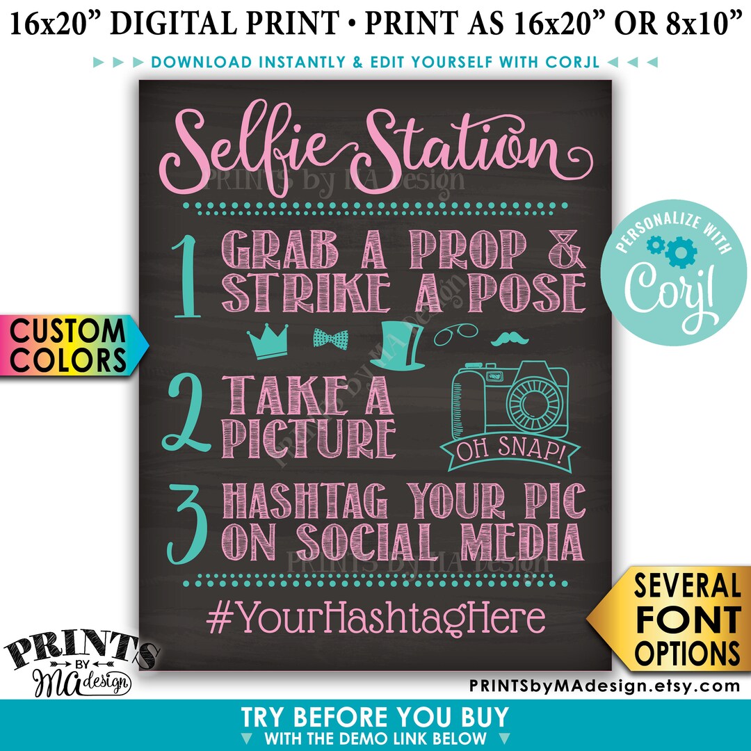 Selfie Station Sign, Share on Social Media, Custom PRINTABLE 8x10/16x20 ...