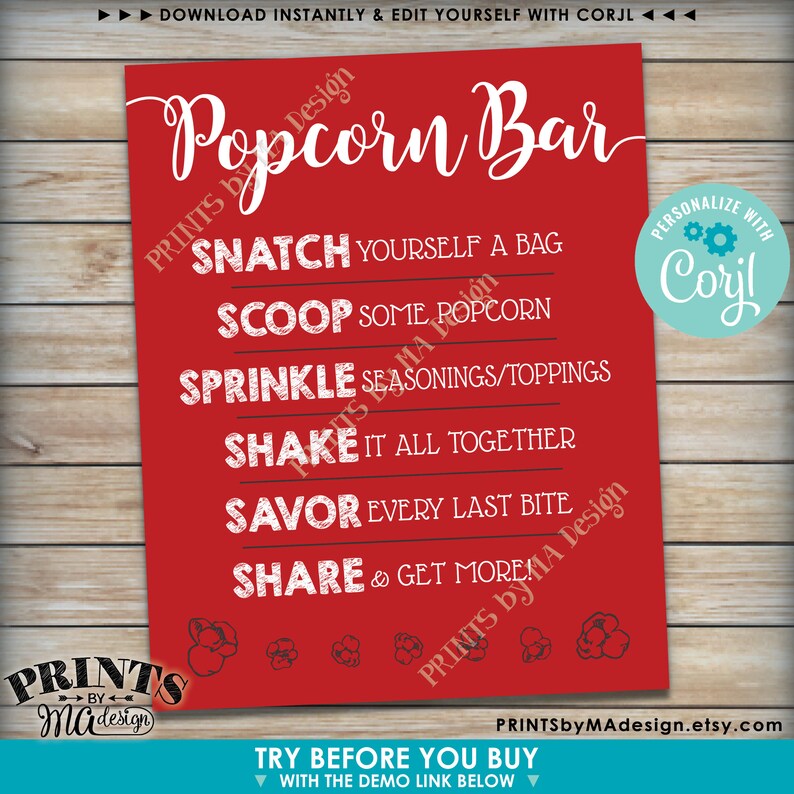 Popcorn Bar Sign Popcorn Toppings Directions Custom Colors - Etsy