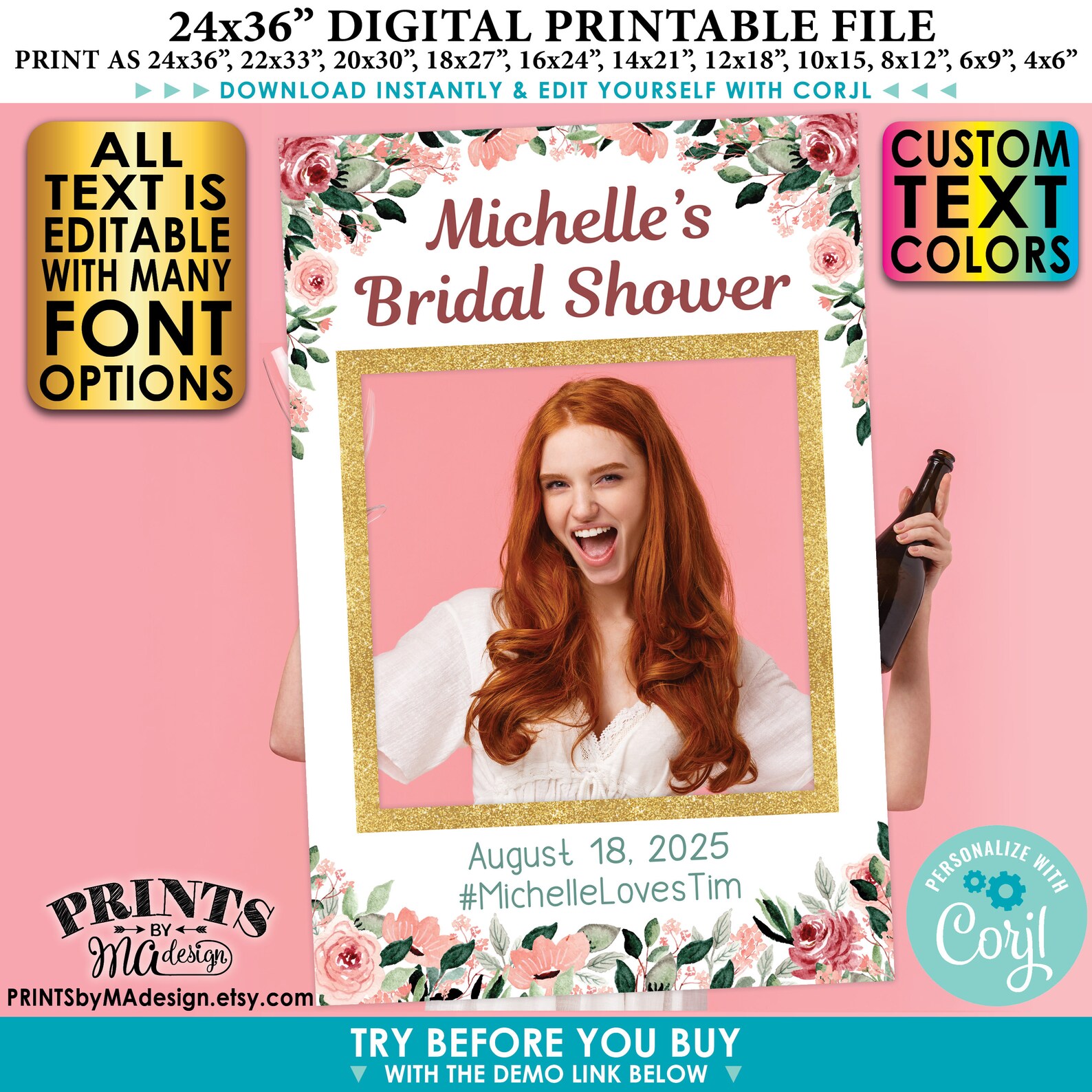 Editable Selfie Frame Blush Floral Photo Station Bridal | Etsy