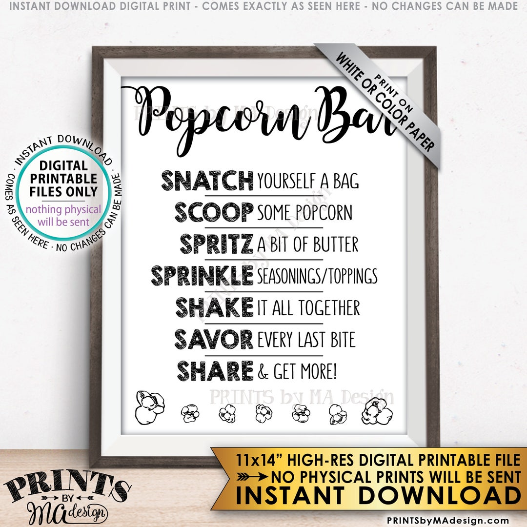 Popcorn Bar Sign, Popcorn Toppings, Popcorn Bar Directions, Wedding ...