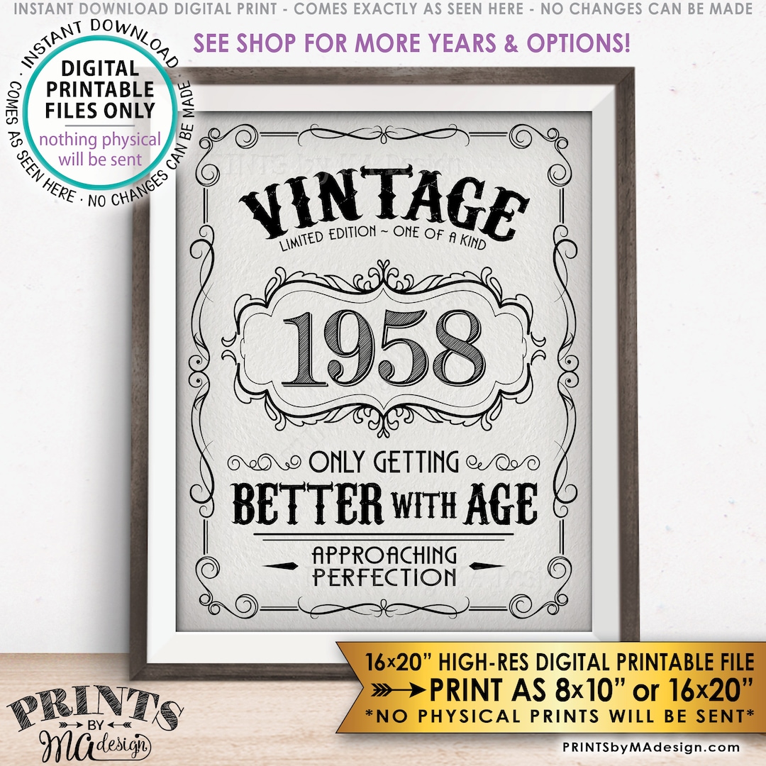 1958 Birthday Sign, Better With Age Vintage Birthday Poster Aged to ...