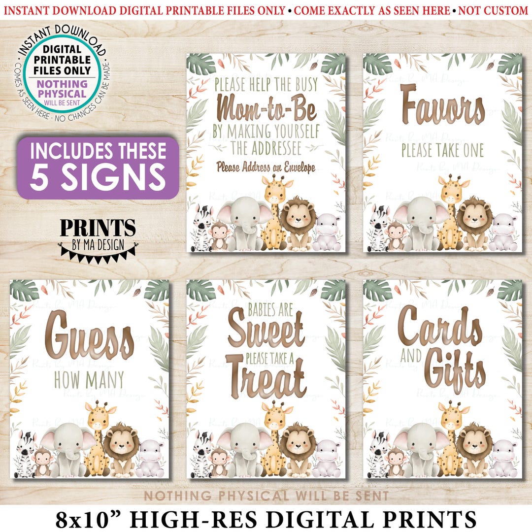 Baby Shower Signs Bundle Pack, Jungle Safari Animals, Cards & Gifts ...