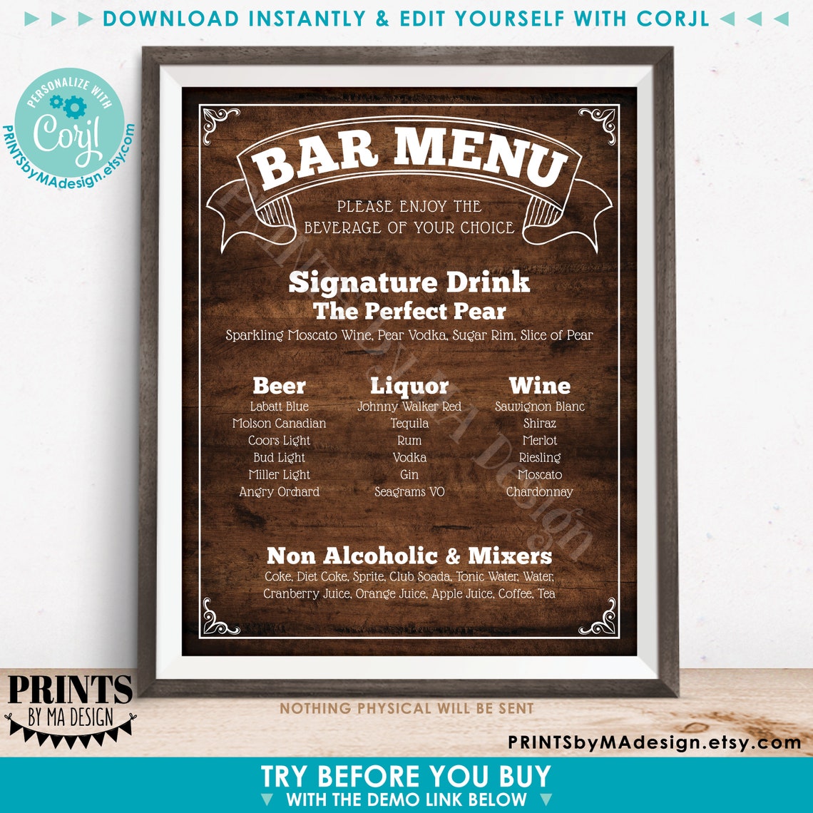Bar Menu Sign Custom PRINTABLE 8x10/16x20 Rustic Wood Style | Etsy
