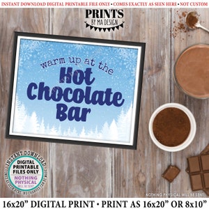 Warm up at the Hot Chocolate Bar Sign, Snowflakes and Pine Trees Snow ...