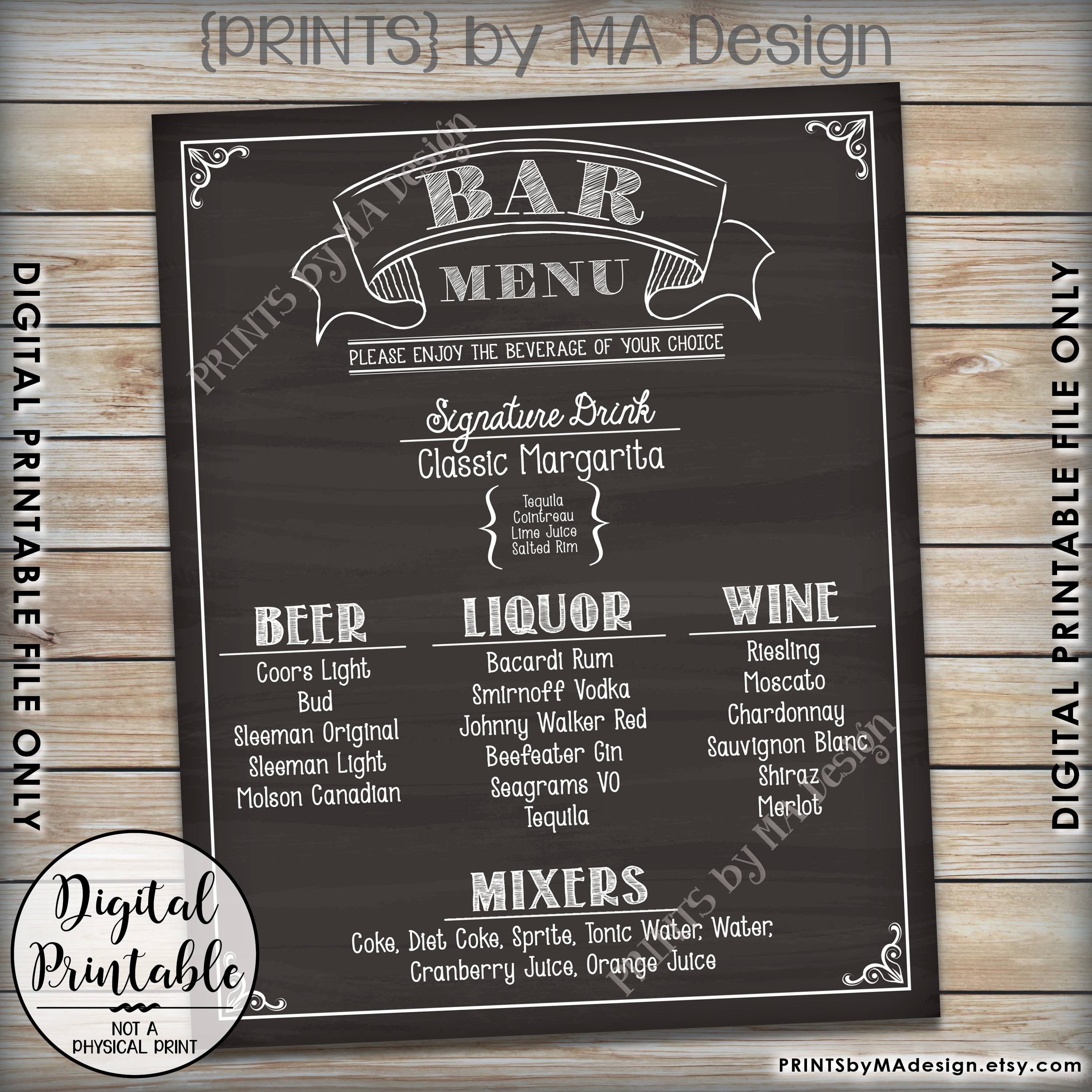 Bar Menu Sign, Wedding Bar Menu Sign, Birthday Drinks Menu, Anniversary ...