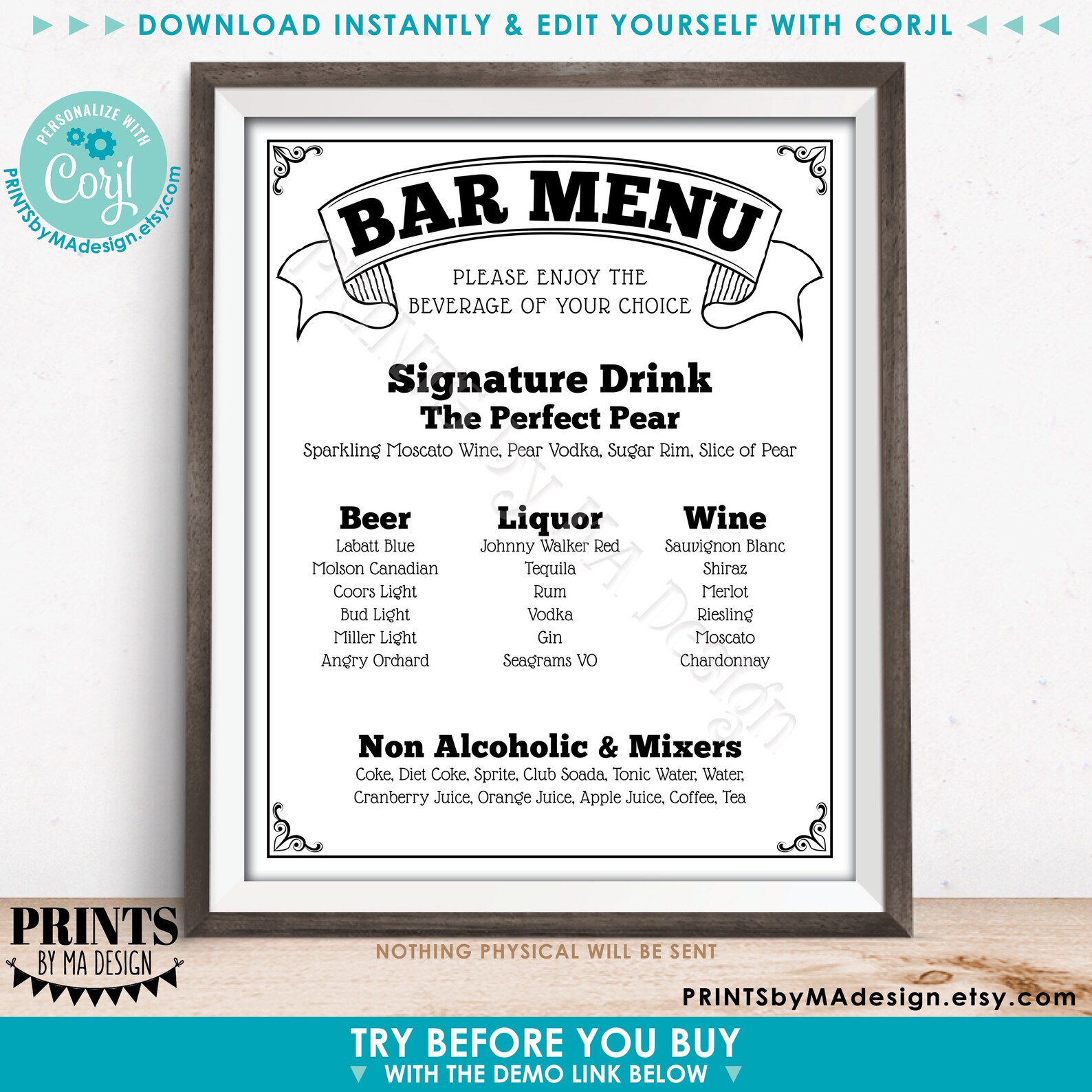 Bar Menu Sign Custom PRINTABLE 8x10/16x20 Black & White | Etsy