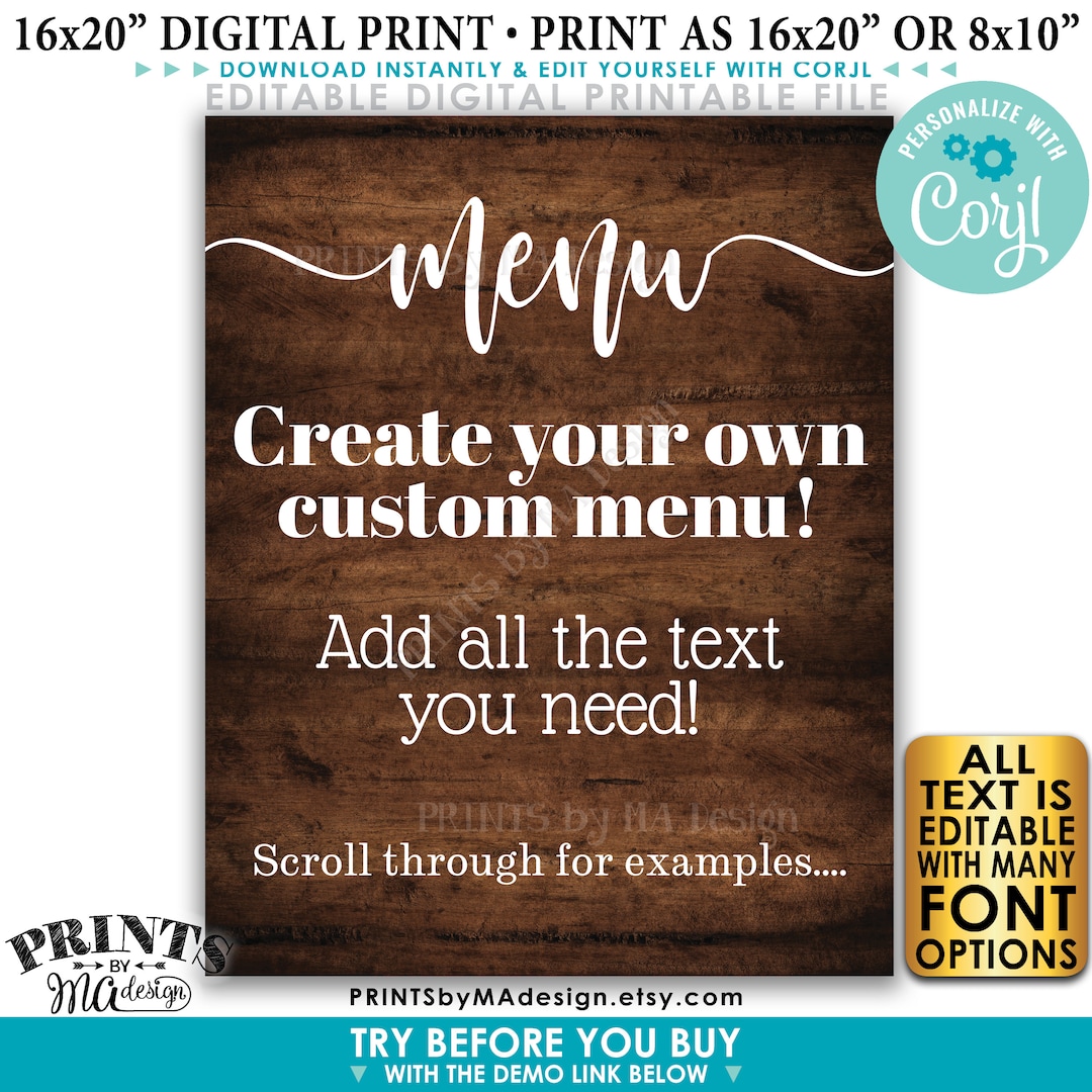 Editable Menu Sign, Custom PRINTABLE 8x10/16x20” Rustic Wood Style Menu ...