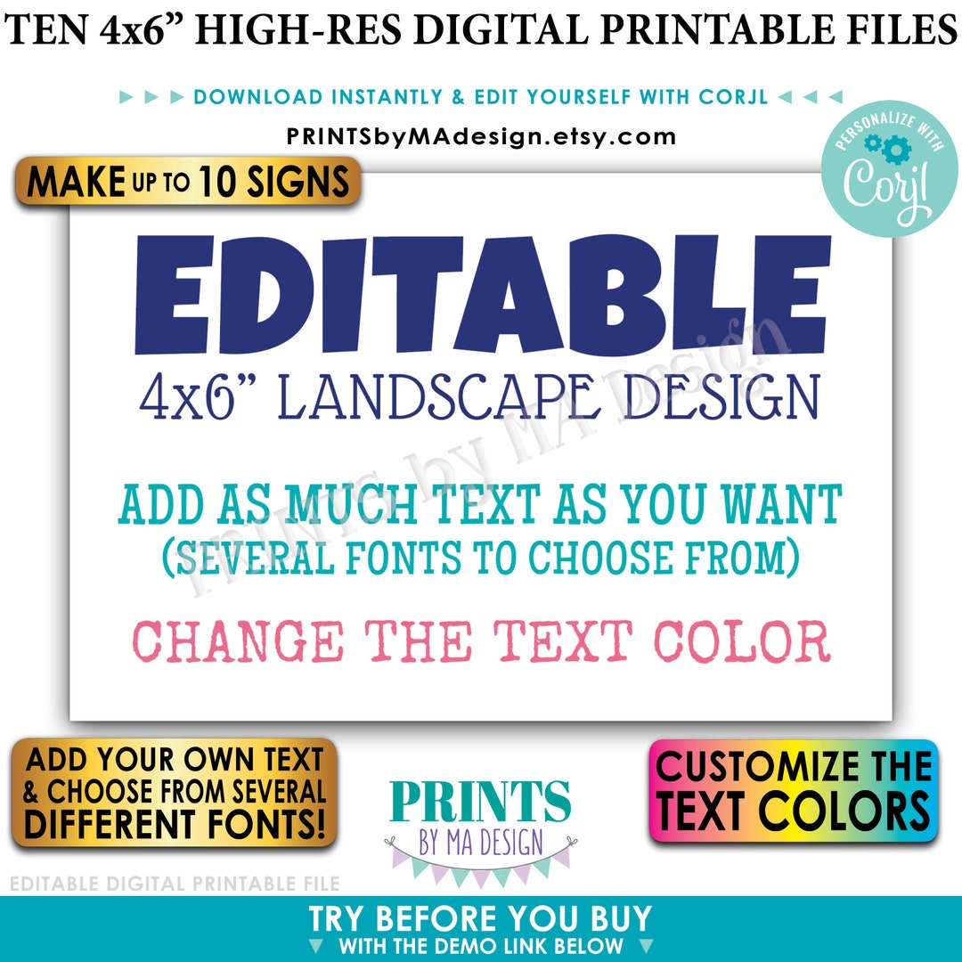 Editable 4x6 Landscape Cards/signs, Choose Your Text & Text Colors, up ...