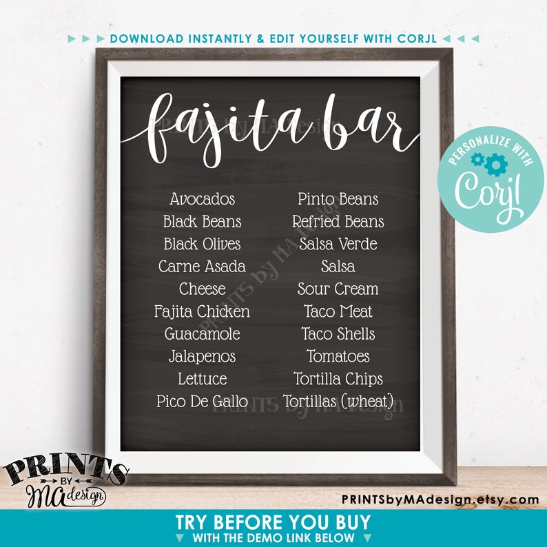 Fajita Bar Menu Sign Fiesta Party Menu Custom PRINTABLE - Etsy
