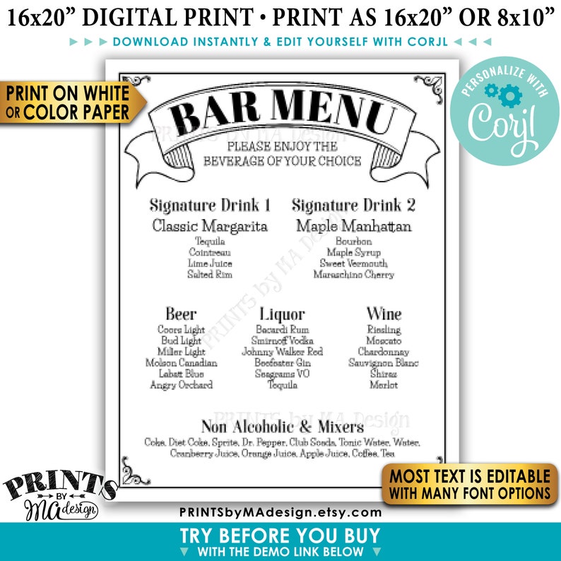 Bar Menu Sign Custom PRINTABLE 8x10/16x20 Black & White | Etsy
