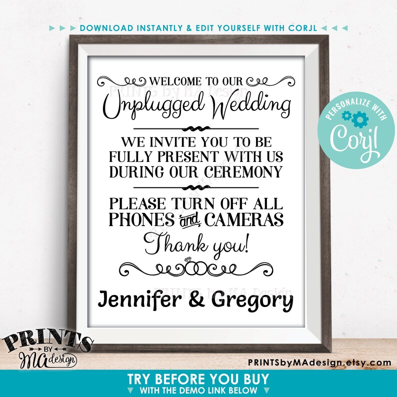 Unplugged Wedding Sign Please Turn off Phones & Cameras | Etsy