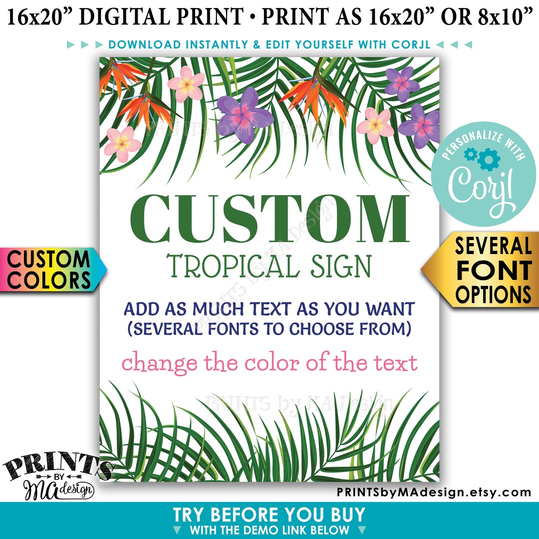 Custom Tropical Sign, Choose Your Text & Colors, Palm Trees and Flowers ...
