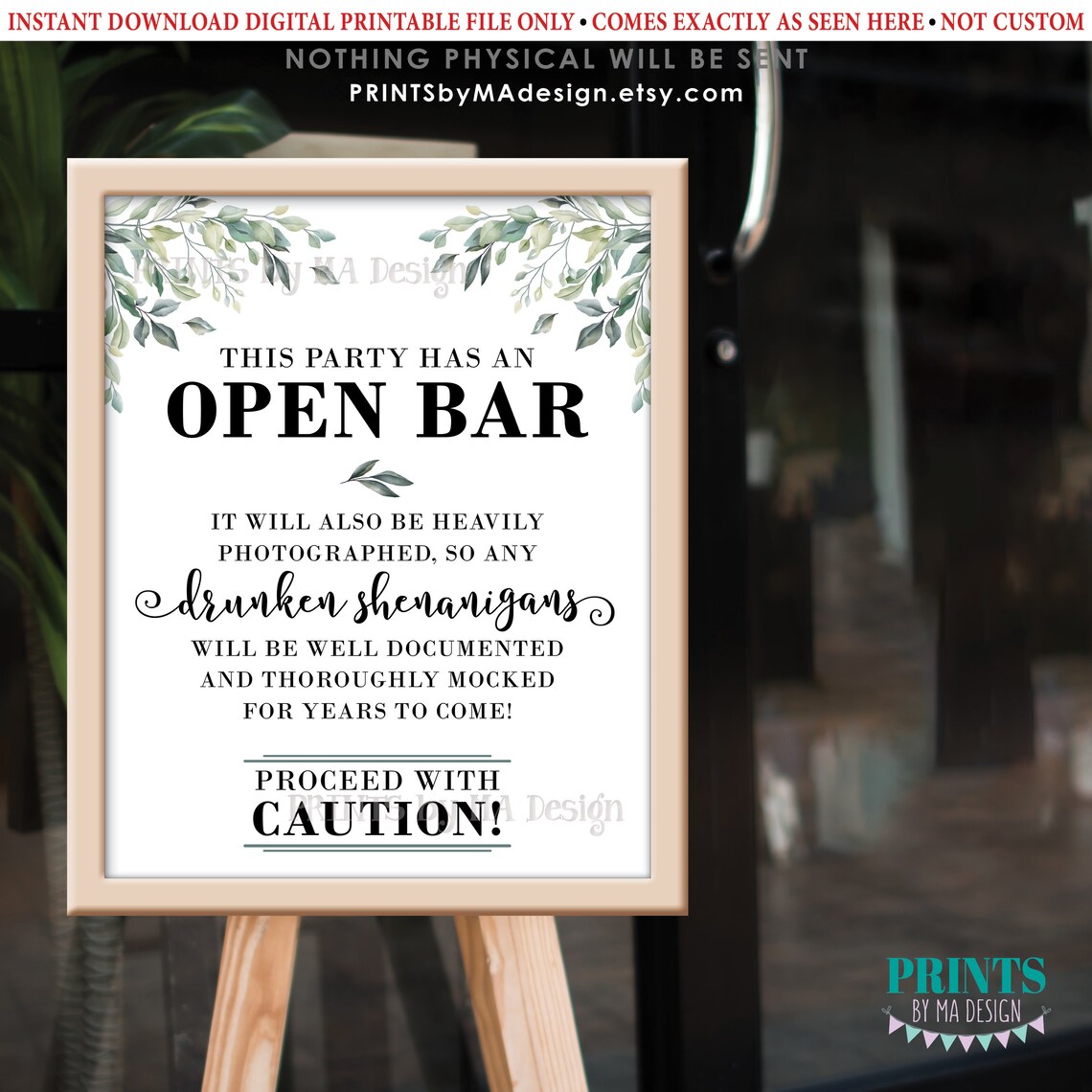 Open Bar Sign Caution Drunken Shenanigans at Party - Etsy