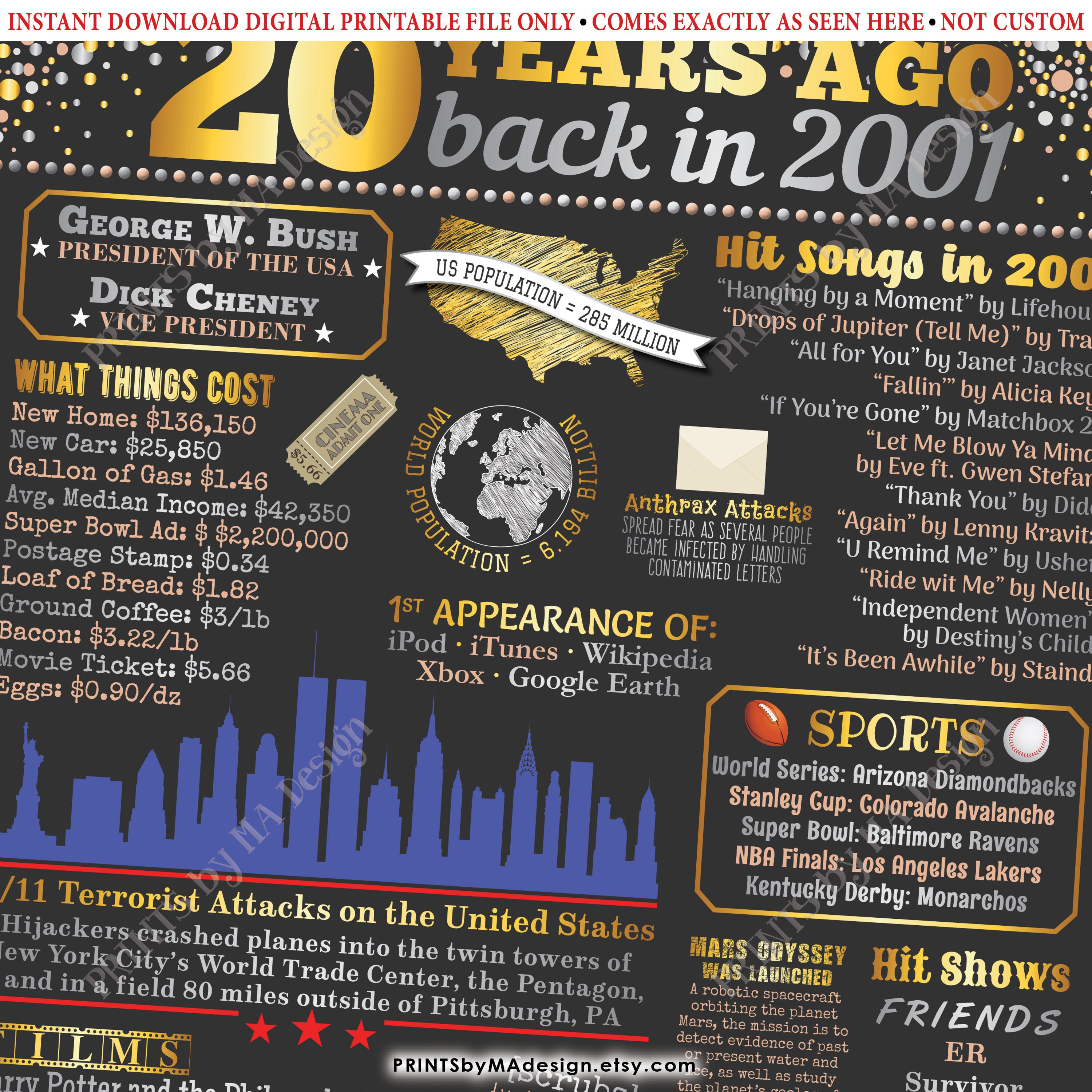 20th Birthday Poster Board, Back in 2001 Flashback 20 Years Ago B-day ...