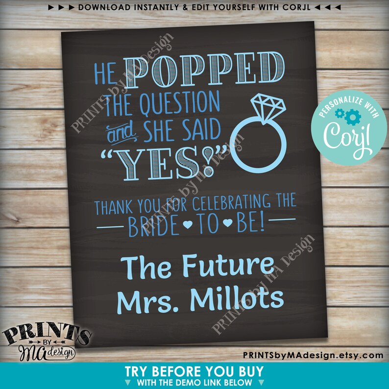 Bridal Shower Sign He Popped the Question & She Said Yes - Etsy
