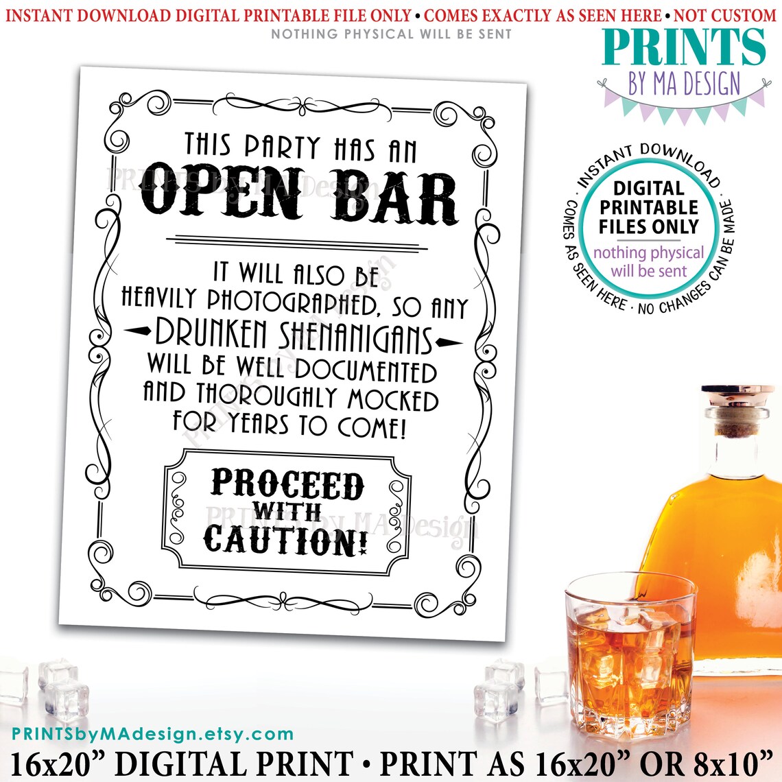 Caution Party Has an Open Bar Sign Drunken Shenanigans - Etsy