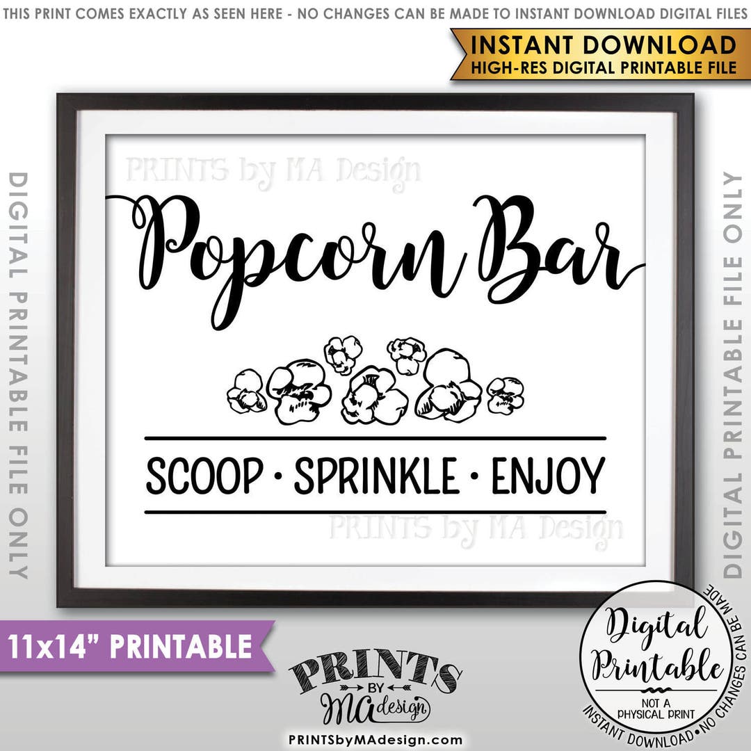 Popcorn Bar Sign, Popcorn Bar Directions, Wedding Popcorn Toppings ...