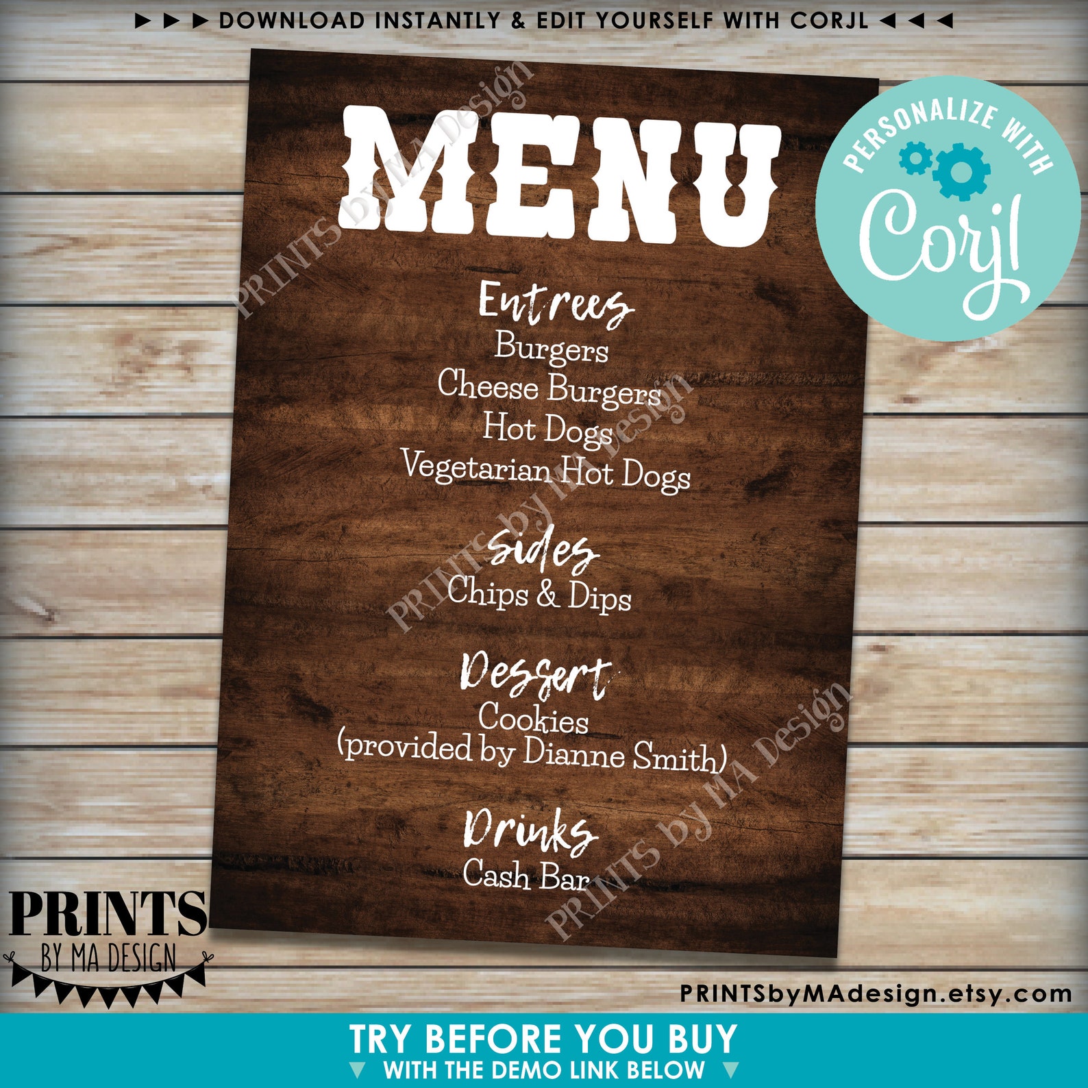 Editable Menu PRINTABLE 5x7 Rustic Wood Style Sign With - Etsy