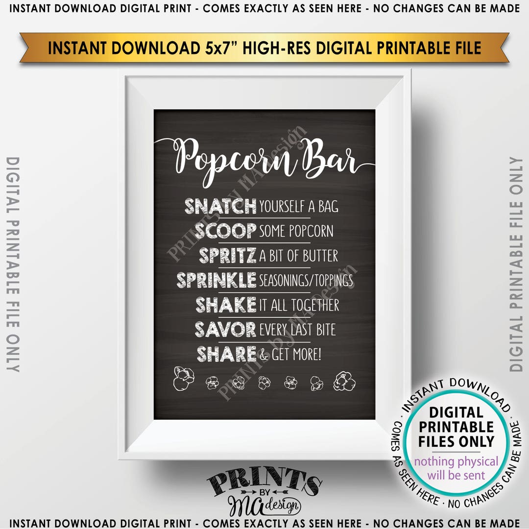 Popcorn Bar Sign, Popcorn Toppings, Popcorn Bar Directions, Wedding ...