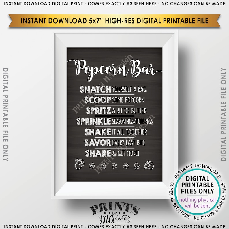 Popcorn Bar Sign Popcorn Toppings Popcorn Bar Directions | Etsy