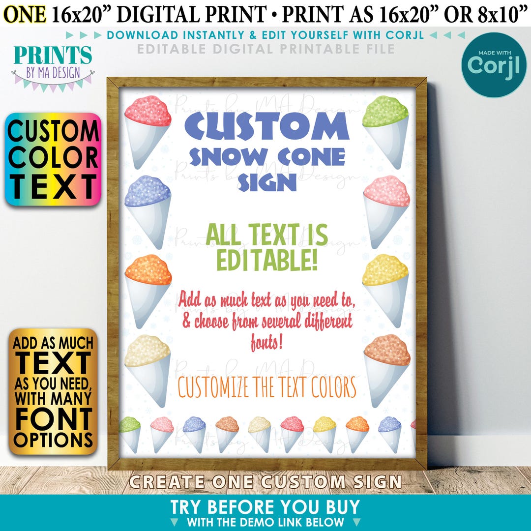 Editable Snow Cone Sign, One Custom PRINTABLE 8x10/16x20” Portrait Sign ...