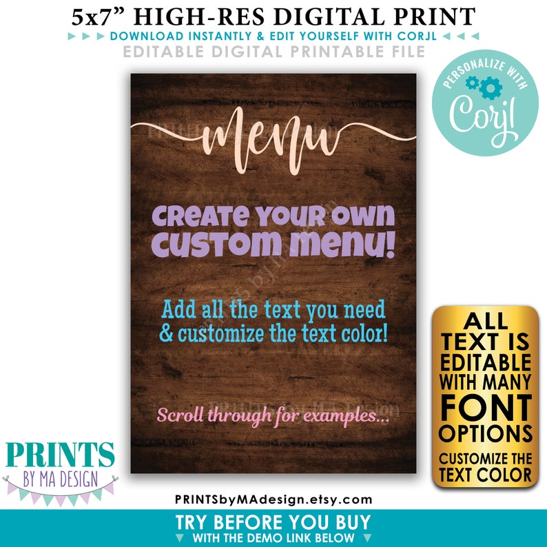 Editable Menu, PRINTABLE 5x7” Rustic Wood Style Sign With Custom Colors ...