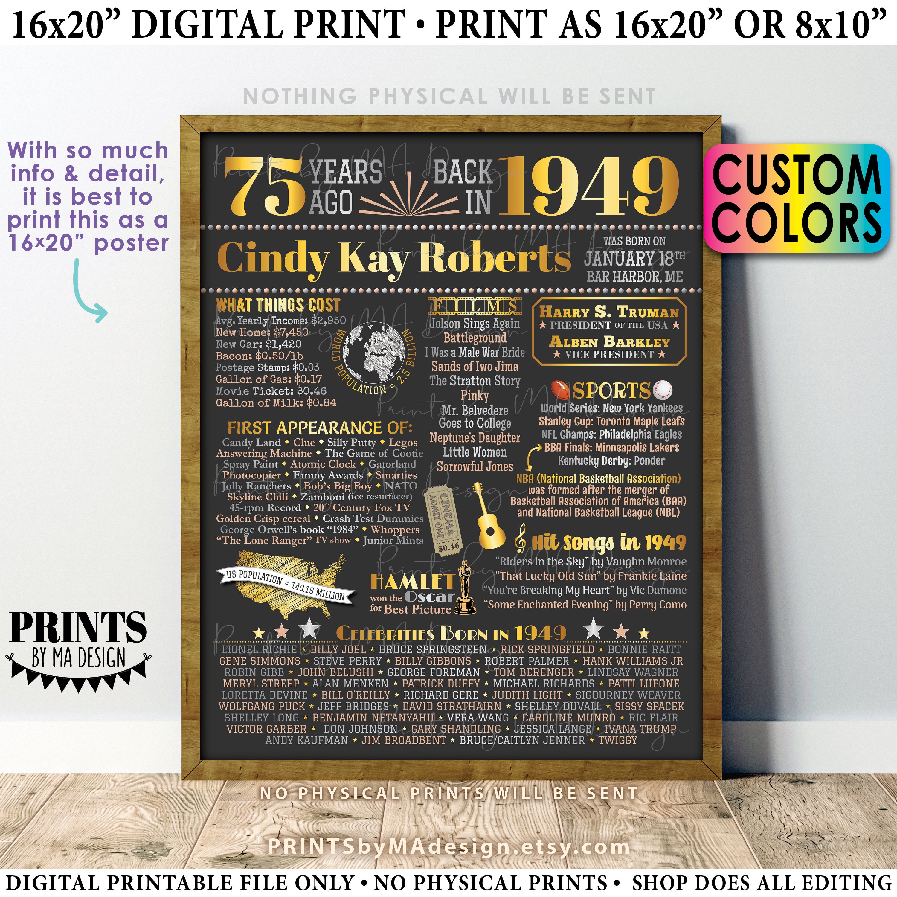 75th Birthday Poster Board, Born in 1949 Flashback 75 Years Ago B-day ...