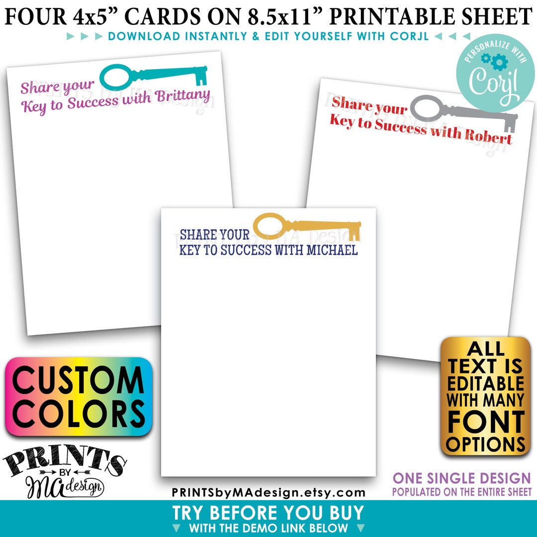 Editable Key to Success Cards, Guests Share Key to Success With the ...