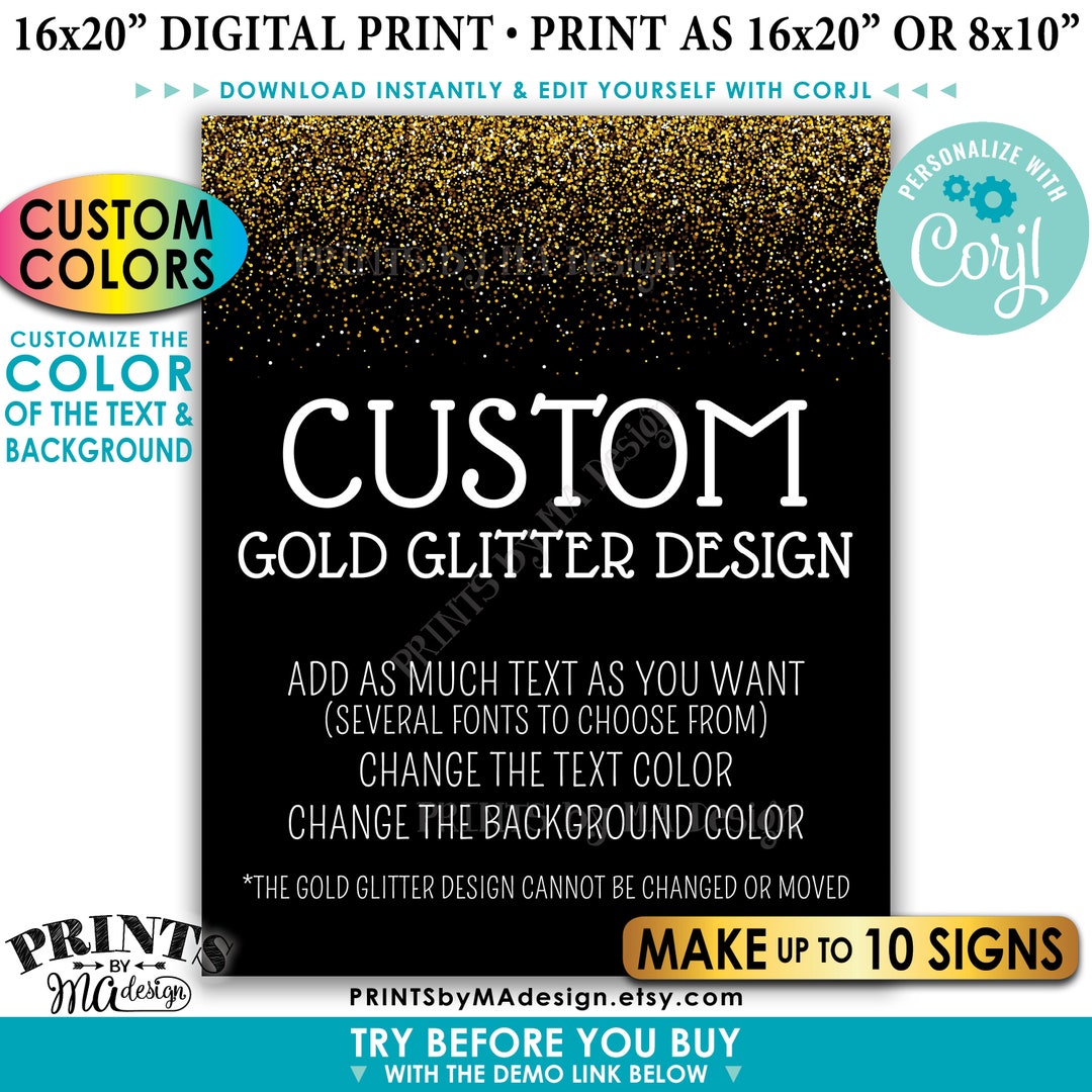 Custom Gold Glitter Sign, Choose Your Text, Edit Text & Background ...