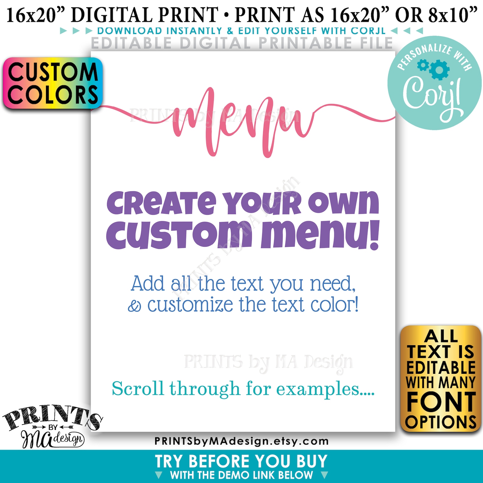 Editable Menu Sign Custom Colors PRINTABLE 8x10/16x20 Menu | Etsy