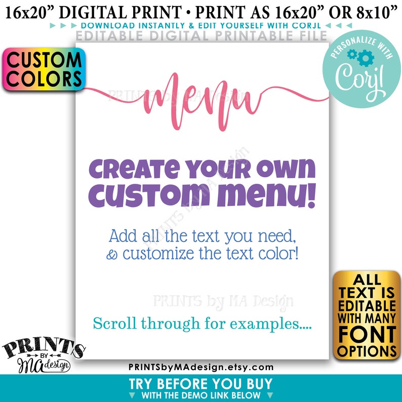 Editable Menu Sign, Custom Colors, PRINTABLE 8x10/16x20” Menu, Wedding ...