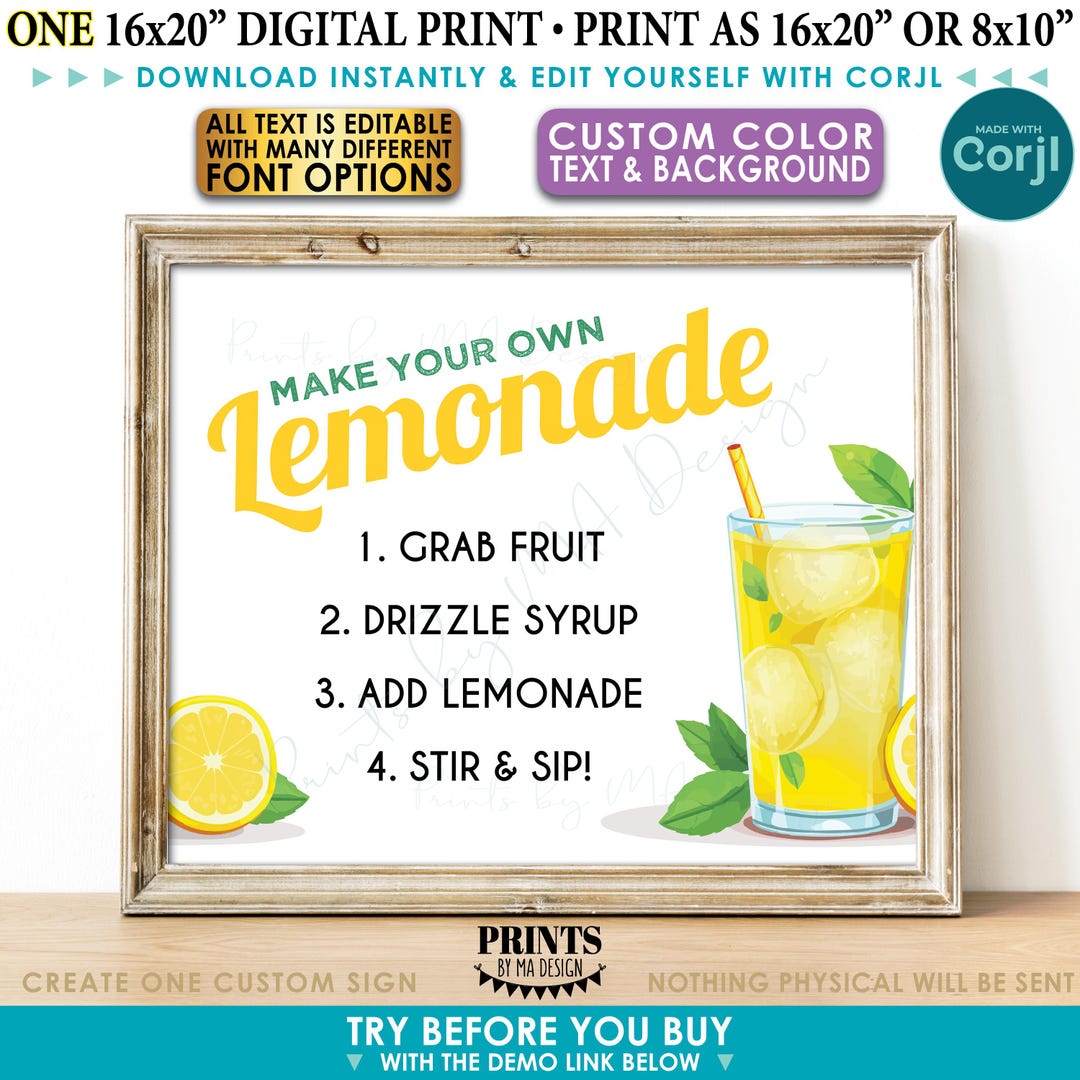 Editable Lemonade Sign, Make Your Own Drink, Choose Your Text & Colors ...