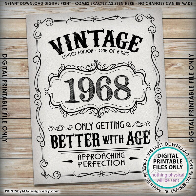 1968 Birthday Sign, Better With Age Vintage Birthday Poster Aged to ...