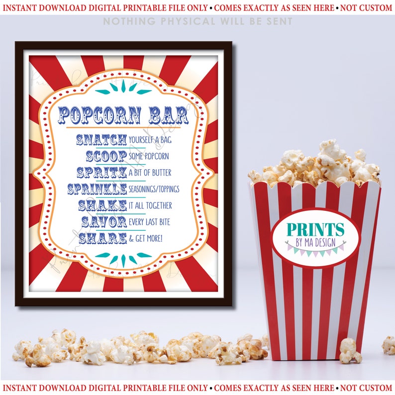Popcorn Bar Sign, Carnival Popcorn Directions, Circus Birthday, Popcorn ...